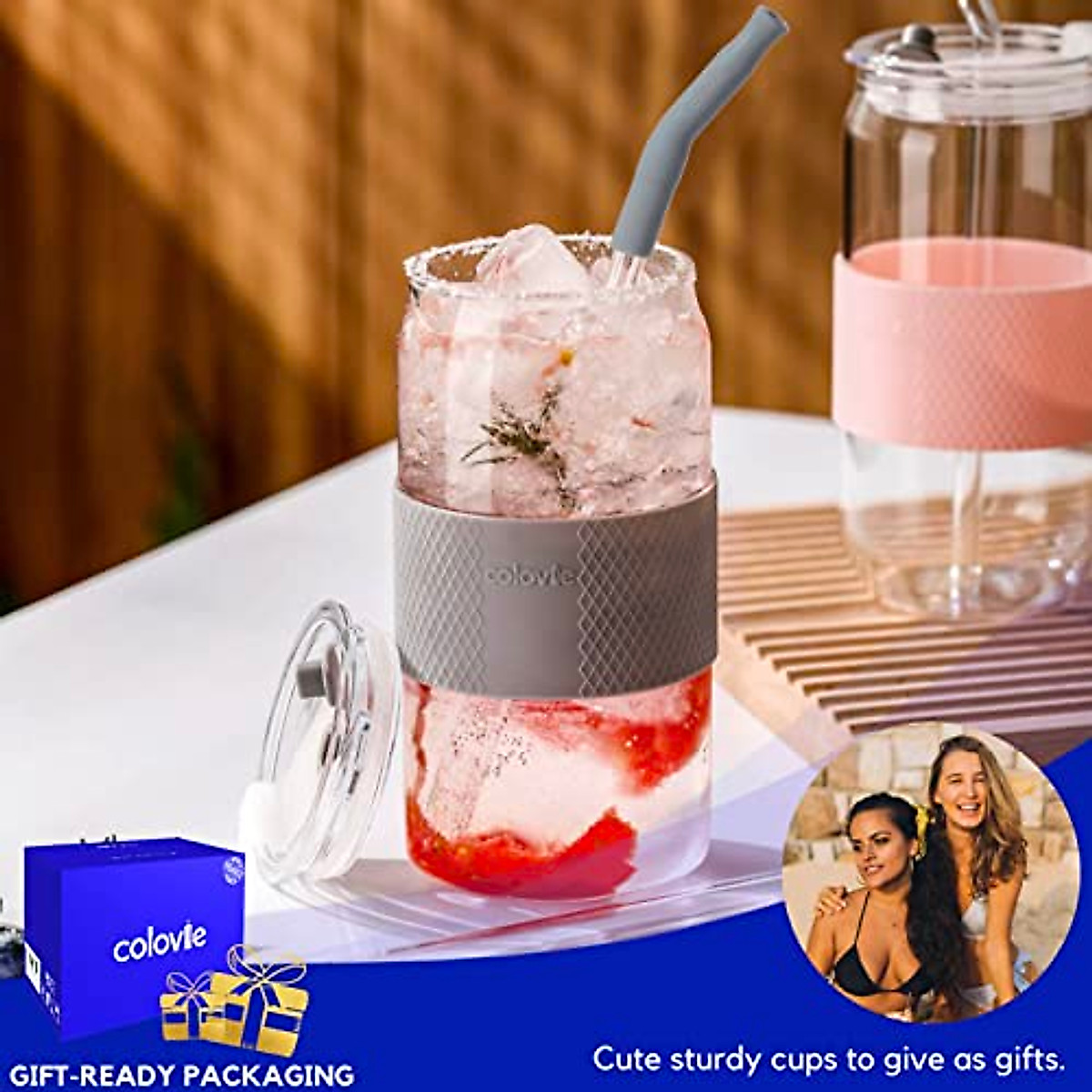 ColoVie 20oz Tumbler with 3 IN 1 Lids and Glass Straws(Extra Silicone Tips), White Silicone Protective Sleeve, Iced Coffee Cup, Travel Water Bottle, Soda Beer Can Shaped Cups, Hot Tea