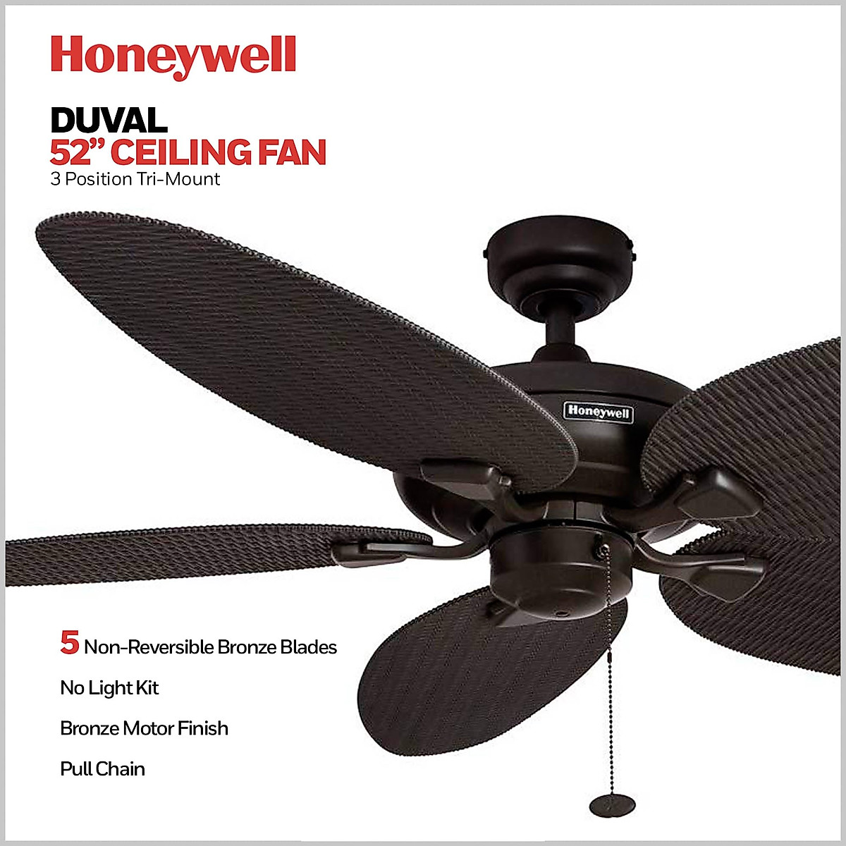 Honeywell Ceiling Fans Duval 52 Inch Ceiling Fan, Quick 2 Hang Indoor/Outdoor Ceiling Fan with Pull Chain, Tri-Mount 5 Blade Tropical Design, ETL Damp Rated, Bronze (50201-01)