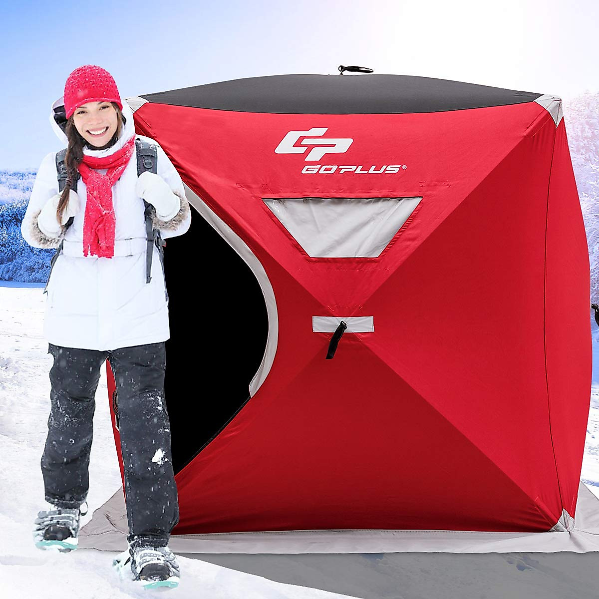 Waitpant Portable Ice Shelter, Quickly Pop-up Ice Fishing Tent Shanty with Portable Bag, Cold-Resistant, Strong Wind Resistance, Waterproof, Zippered Door, Built-in Storage Pocket, Red (2-Person)