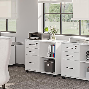 3 Drawer Office File Cabinets, Mobile Lateral Printer Stand with Open Storage Shelf, Rolling Filing Cabinet with Wheels Home Office Organization and Storage (White)