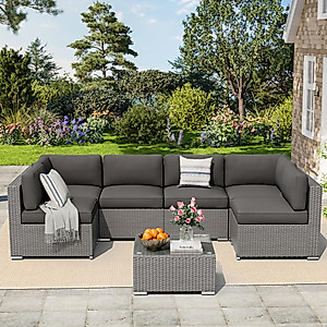 Betterland 7 Piece Outdoor Sectional Sofa Patio Furniture Set, All-Weather PE Grey Wicker Patio Conversation Set with Washable Cushion and Glass Table(Grey Cushions)