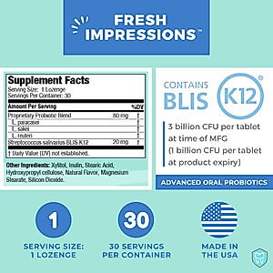 Oral Probiotics, Chewable Oral Probiotic for Bad Breath, Halitosis, Teeth, and Gum Health, Fresh Impressions, Oral Probiotic Lozenges, Contains Blis K12, Mint Flavored, Sugar Free, 1 Pack (30ct)