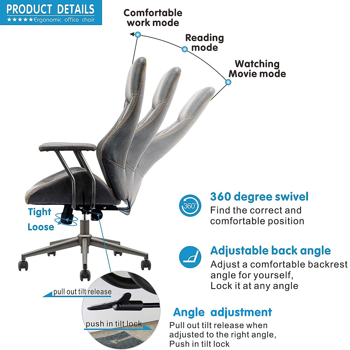 XIZZI Ergonomic Chair, Modern Computer Desk Chair,high Back Leathe Office Chair with Lumbar Support for Executive or Home Office (Gray-Black)