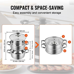VEVOR Steamer Pot, 9.5in/24cm Steamer Pot for Cooking with 5QT Stock Pot and Vegetable Steamer, Food-Grade 304 Stainless Steel Food Steamer Cookware with Lid for Gas Electric Induction Grill Stove