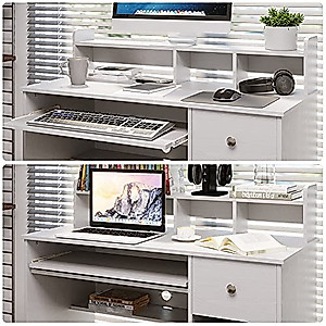 Crestlive Products Writing Computer Desk with Keyboard Tray & Drawer, Home Office Furniture, Floating Organizer 2-Tier Wooden Mission Home Computer Vanity Desk for Apartment Small Space (White)