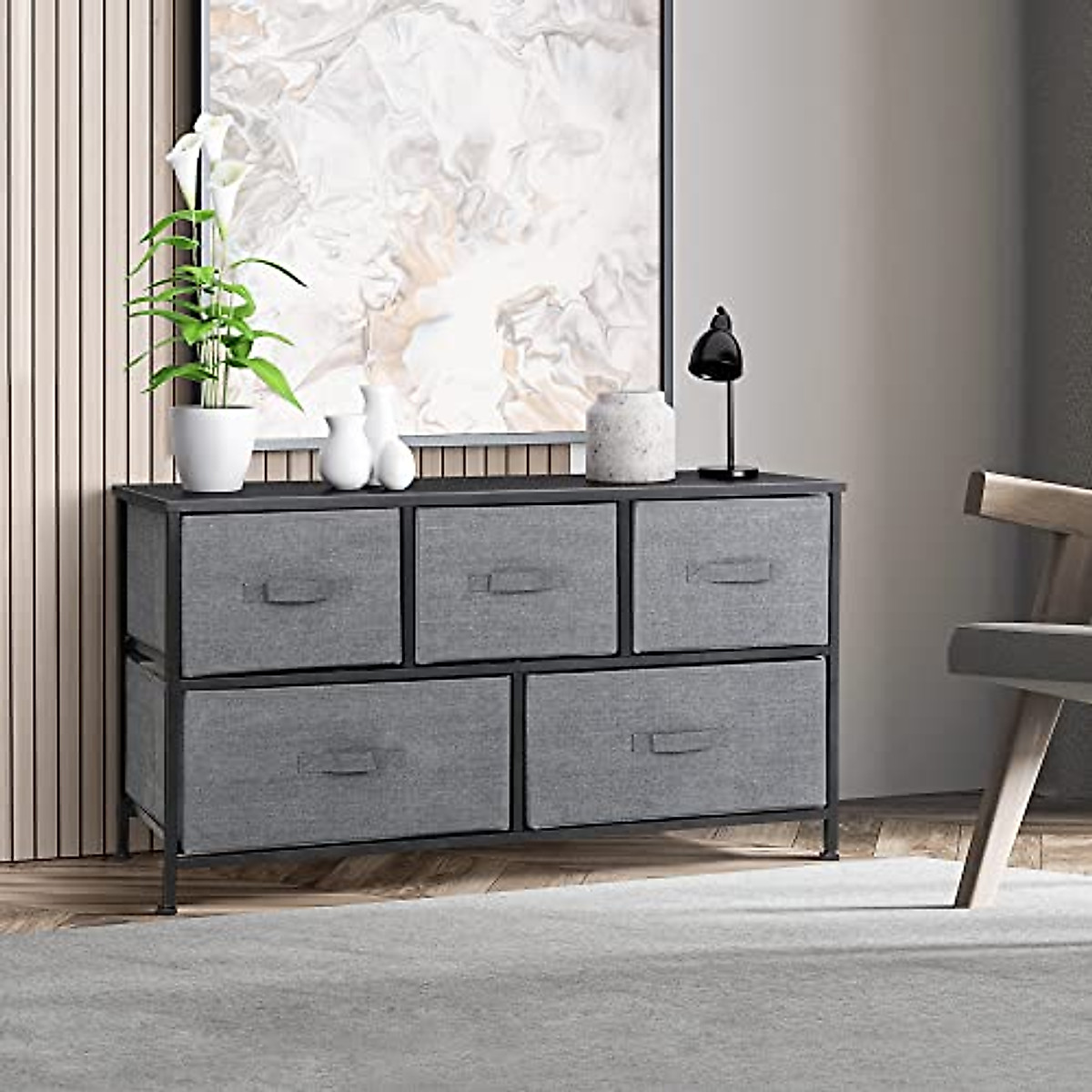 ZENY Extra Wide Dresser Storage Tower - Storage Tower Unit for Bedroom, Hallway, Closet, Office Organization - Steel Frame, Wood Top, Easy Pull Fabric Bins - 5 Drawers