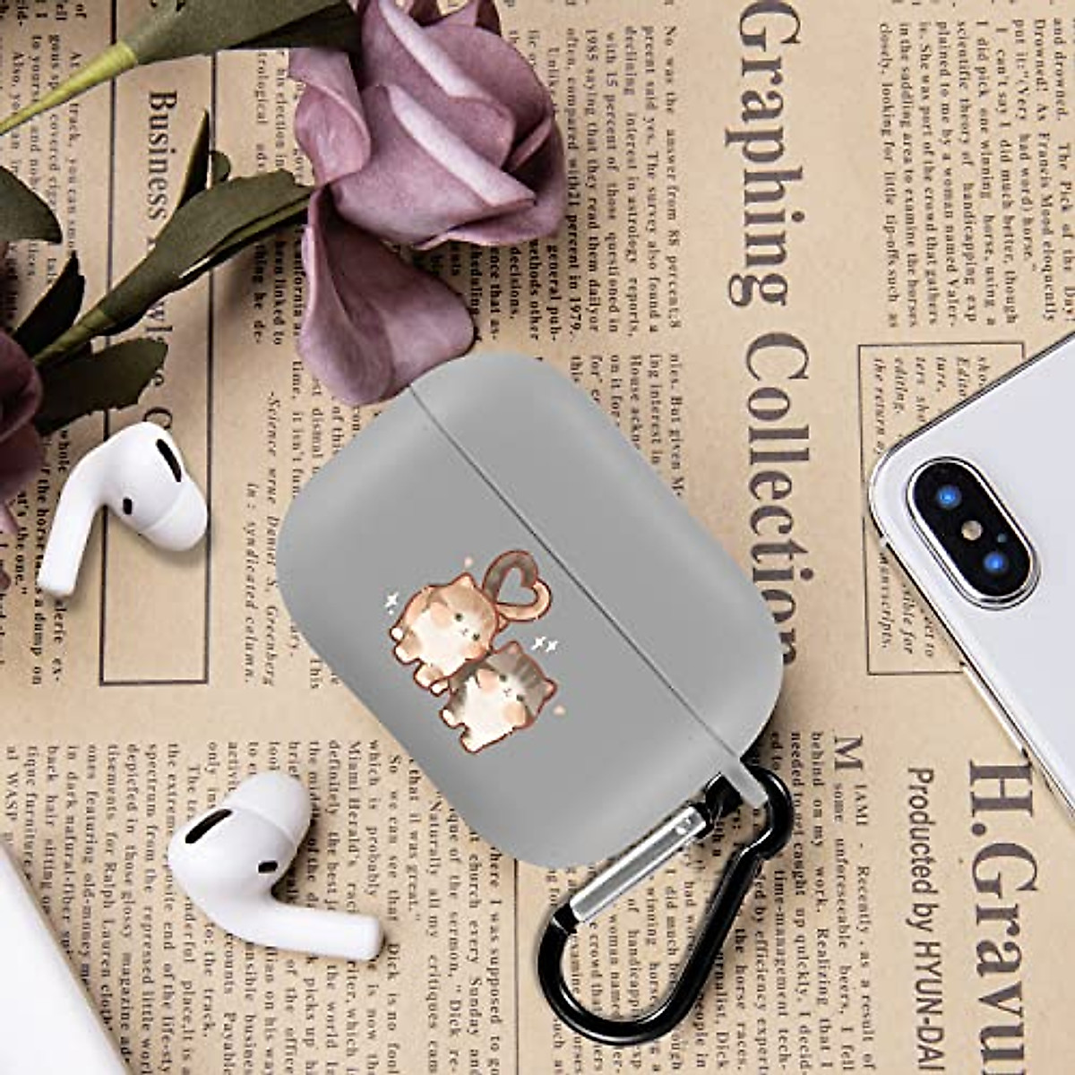 JOYLAND Love Cat Case Compatible with Airpods Pro Gray Soft TPU Cover, Supports Wireless Charging Shockproof Protective Case for Airpods Pro