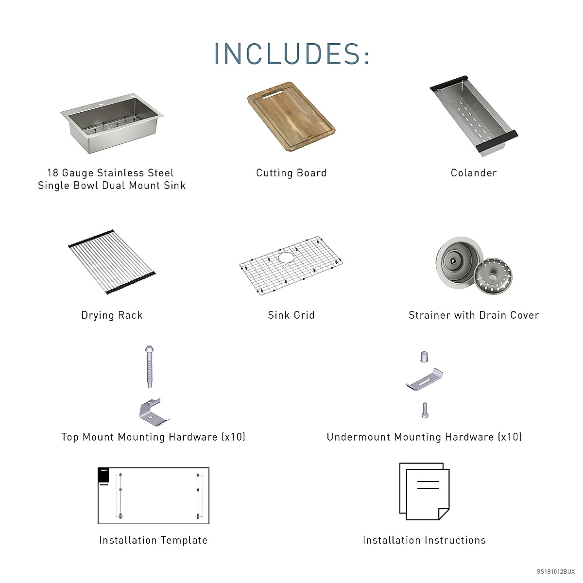 Moen Luxe Chef 18-Gauge Stainless Steel Dual Mount 33" x 22" Single Bowl Workstation Sink, Includes Cutting Board, Flexible Drying Rack, Colander, Bottom Sink Grid, and Drain, GS181012BUX