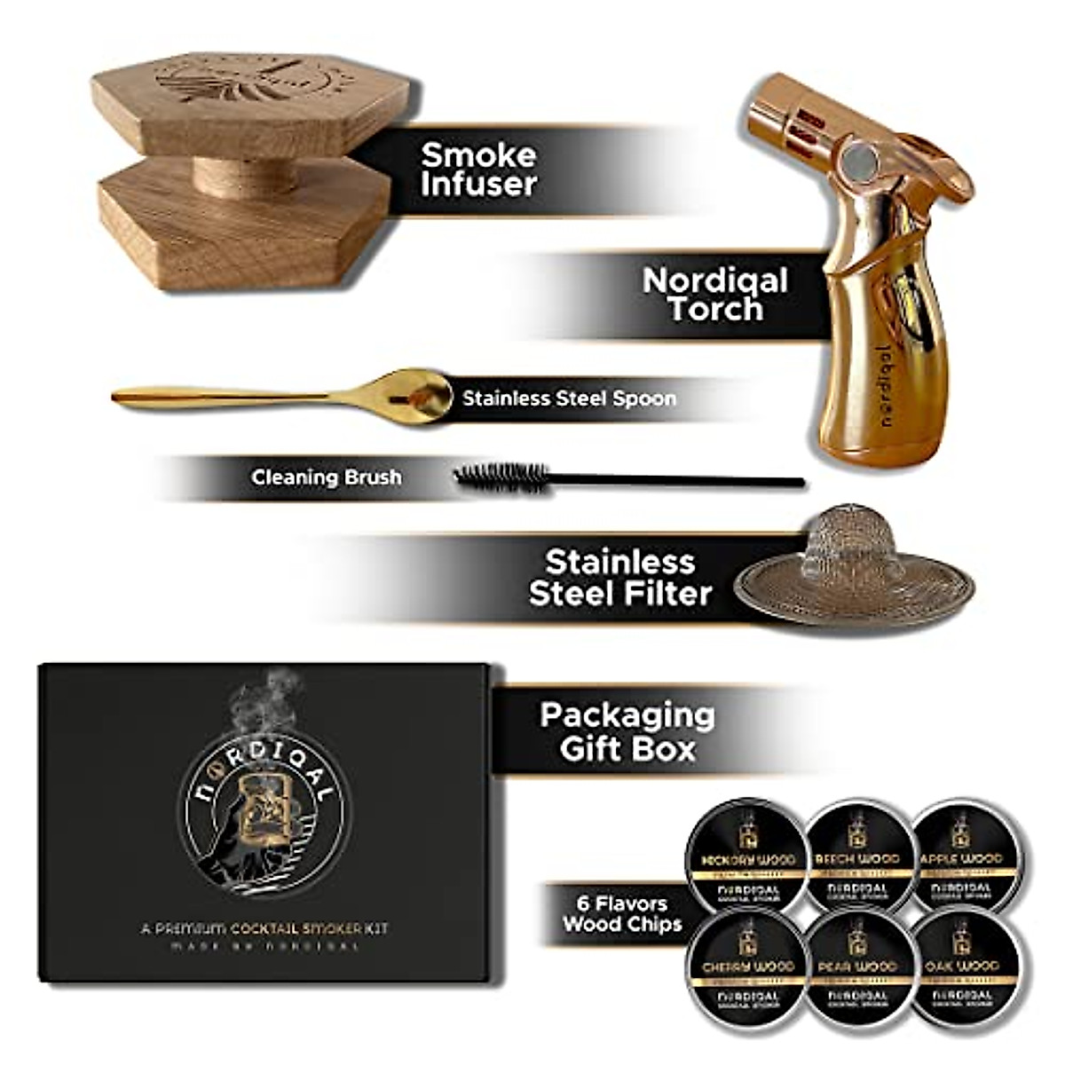 NORDIQAL Cocktail Smoker Kit with Torch, 6 Wood Chip Flavors for Whiskey and Bourbon (Butane Not Included) - Distressed Smoke Lid and Premium Packaging, Old Fashioned Whiskey Drink Smoker Infuser Kit
