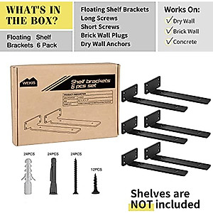 WEKIS Floating Shelf Bracket 12 Inch, Hidden Invisible L Shelves Brackets 6 Pack, Heavy Duty Cast Iron 1/5 Inch Metal Industrial Black Shelf Bracket Hardware Supports, Brackets for Shelves (12 inch )
