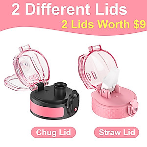 OLDLEY Kids Water Bottle for School with Straw Chug Lid, 15 oz Unbreakable Leak-Proof BPA-Free Motivational Water Bottles with Time Marker for Travel Sports Gym, 2 Lids, Candy Pink/Blueberry