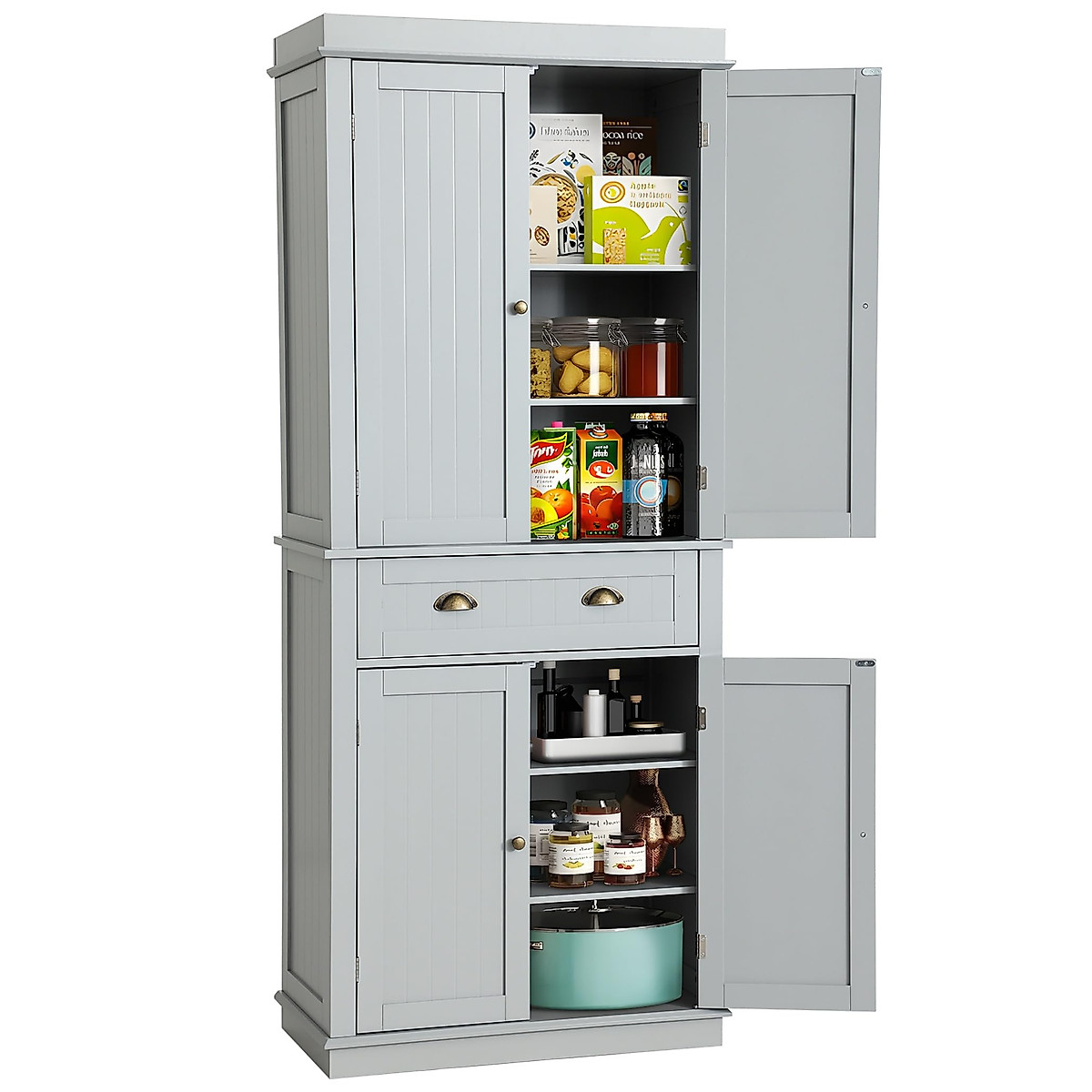 LOUVIXA 72" Kitchen Pantry Storage Cabinet, Freestanding Cupboard with 2 Cabinets, Drawer and Adjustable Shelves, Tall Storage Cabinet for Kitchen, Dinning Room, Living Room, Grey