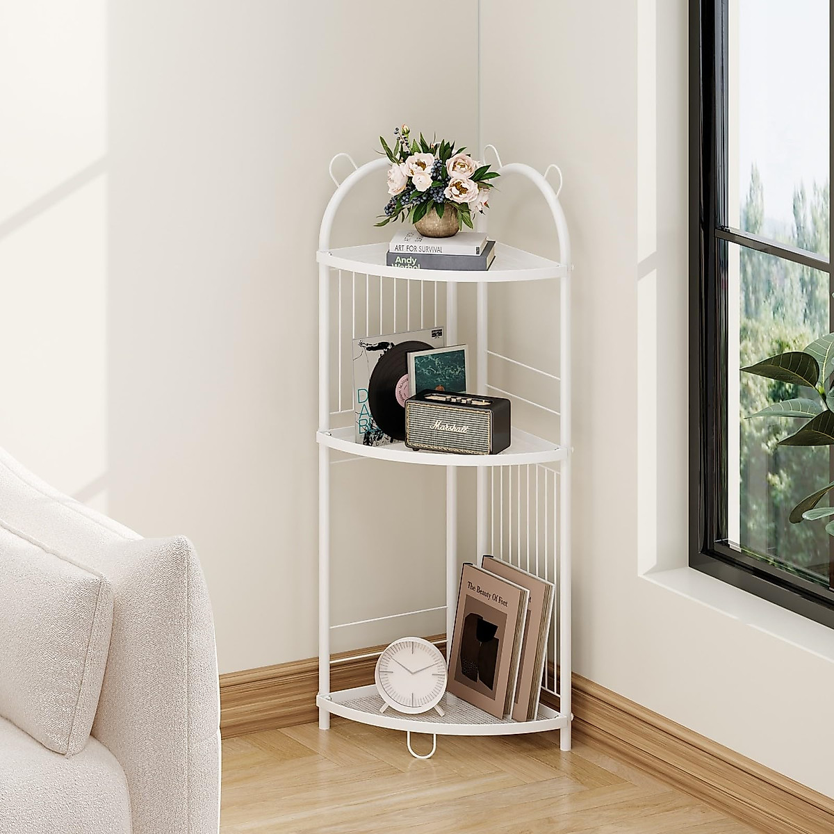 CICUFY Corner Shelf Stand Metal Bathroom Corner Shelf 3 Tier Standing Shower Caddy Organizer Bathroom Floor Shelves Unit Toilet Paper Stand Corner Stand for Plant Book (White)