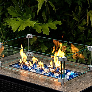 GASPRO 29 x 13 x 6 Inch Fire Pit Glass Wind Guard and 10LB High Luster Bahama Blend Fire Glass