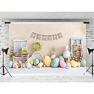 Spring Easter Wood Door Photography Background Flower Bunny Egg Kid Birthday Party Portrait Decor Backdrop Photo Studio Vinyl (5ft×3ft)