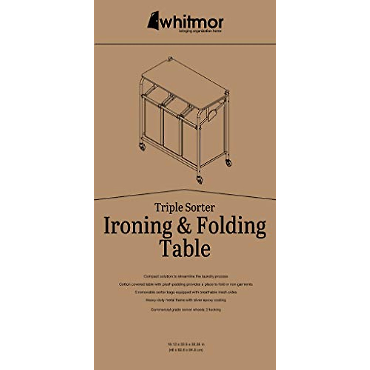 Whitmor 3 Section Rolling Laundry Sorter with Folding Station - Ironing Board