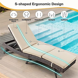 Vicluke Patio Chaise Lounge Chair, Outdoor Rattan Wicker Reclining Chaise with Adjustable Backrest and Removable Cushion, Pool Lounge Chair Sun Lounger for Poolside, Balcony, Garden (1 Piece, Khaki)