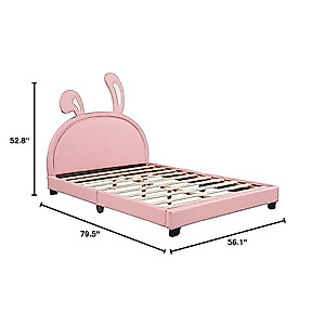 Merax Full Size Upholstered Leather Platform Bed with Bunny Ears Headboard, Platform Bed Frame with Rabbit Ornament for Kids, Child's Bedroom, No Box Spring Needed, Pink