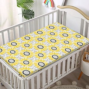 Sunflower Themed Fitted Mini Crib Sheets,Portable Mini Crib Sheets Soft Toddler Mattress Sheet Fitted-Baby Crib Sheets for Girl or Boy,24“ x38“,Yellow Black Grey