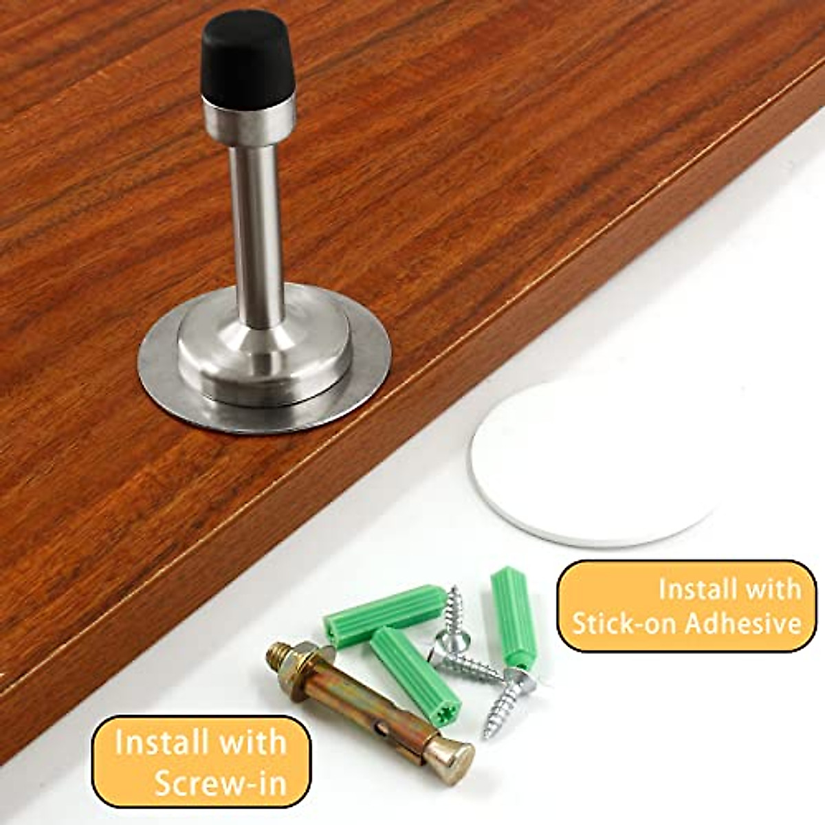 Suiwotin 2pcs 3 Inch Door Stops, Stainless Steel Wall Mount Screw Doorstop with Rubber Bumper, Self Adhesive Sound Dampening Door Stopper (Brushed Silver)