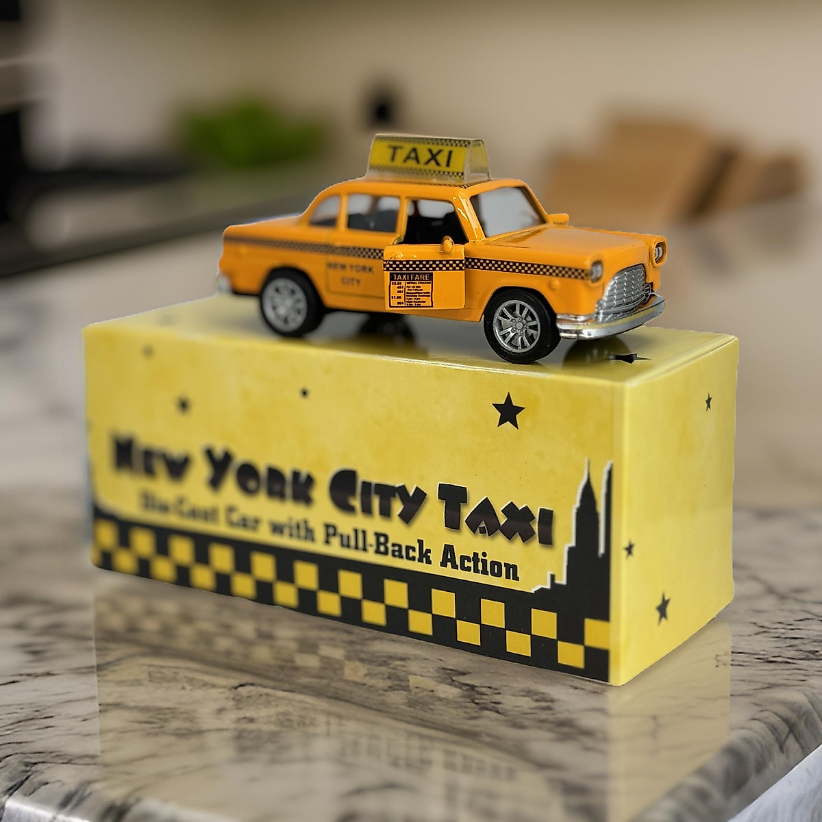 NYC Taxi in Yellow Cab with Pullback Action, Die Cast New York City Taxi Toy (No Sound)