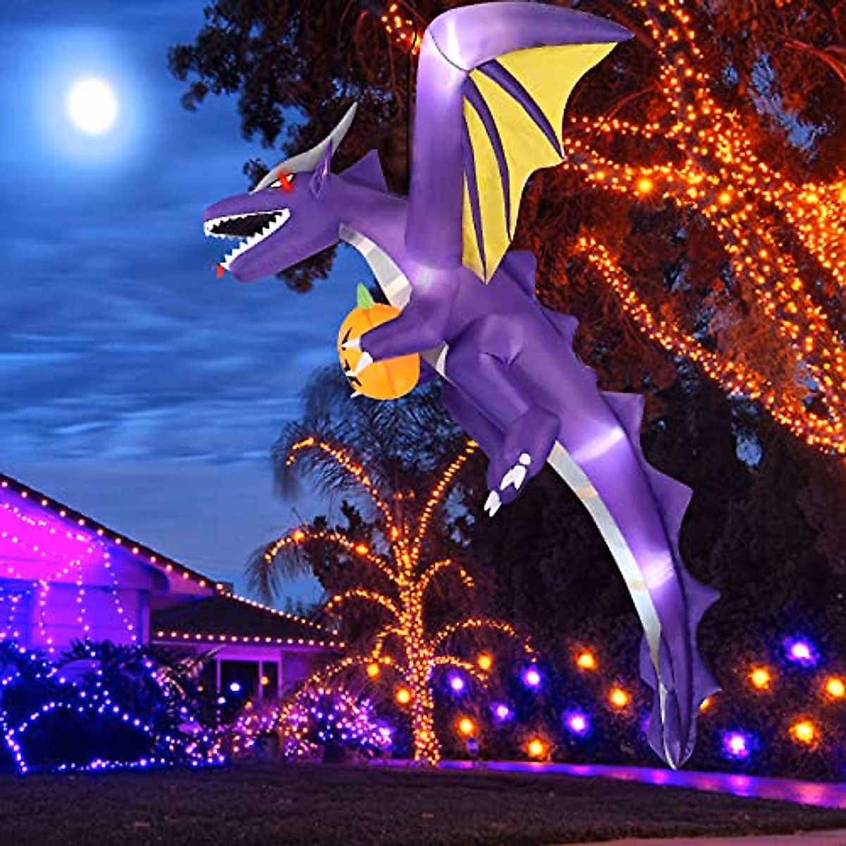 7 FT Tall Hanging Inflatable Halloween Decorations Outdoor, Flying Dragon Holding Pumpkin Halloween Inflatables Build-in LEDs, Halloween Blow Up Yard Decorations for Tree Porch Yard Garden Outside