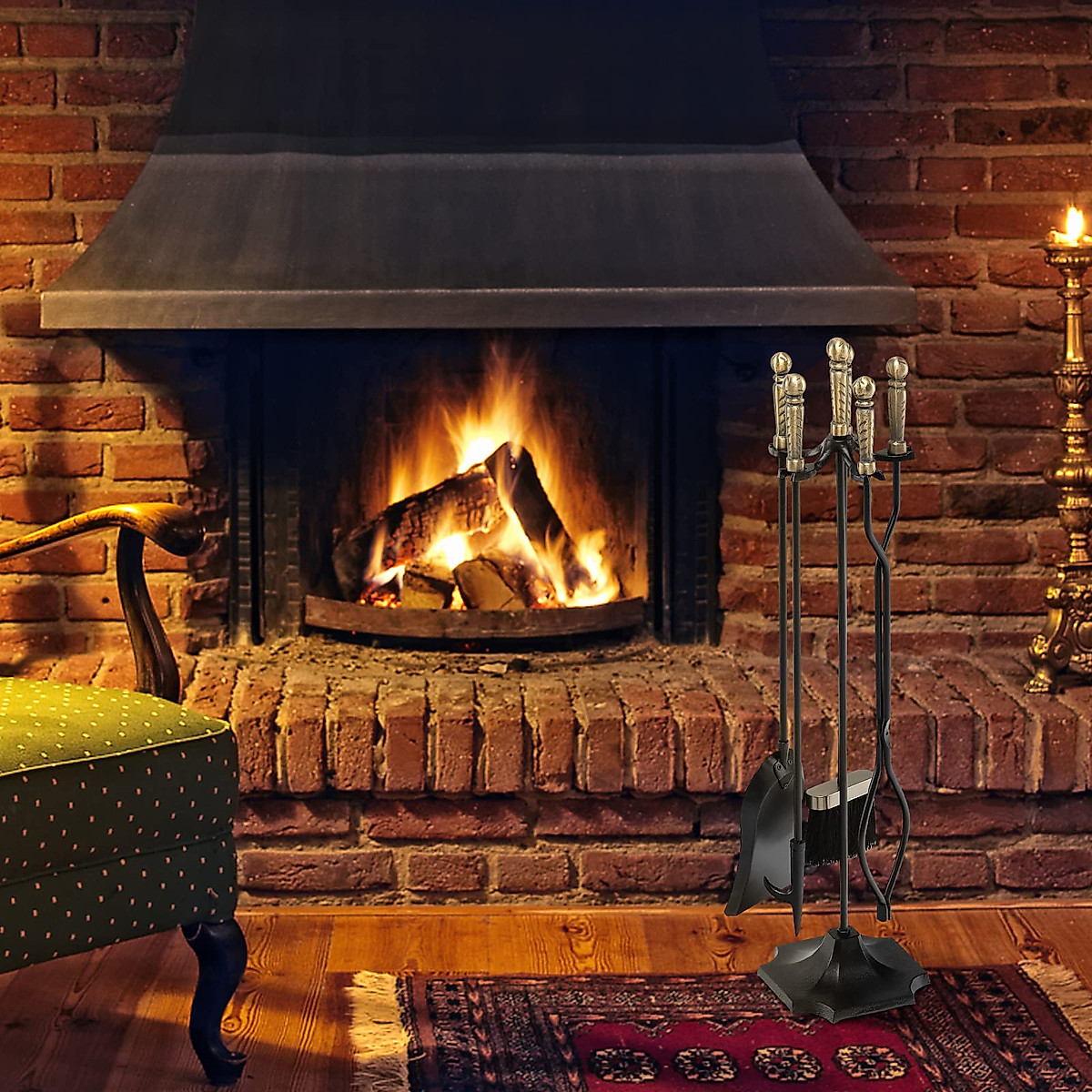 Tangkula 5 Pieces Fireplace Tools Wrought Iron Toolset 4 Tools & Decor Holder Indoor Outdoor Tong,Poker, Base, Shovel,Brush Fireplaces Hearth Accessories