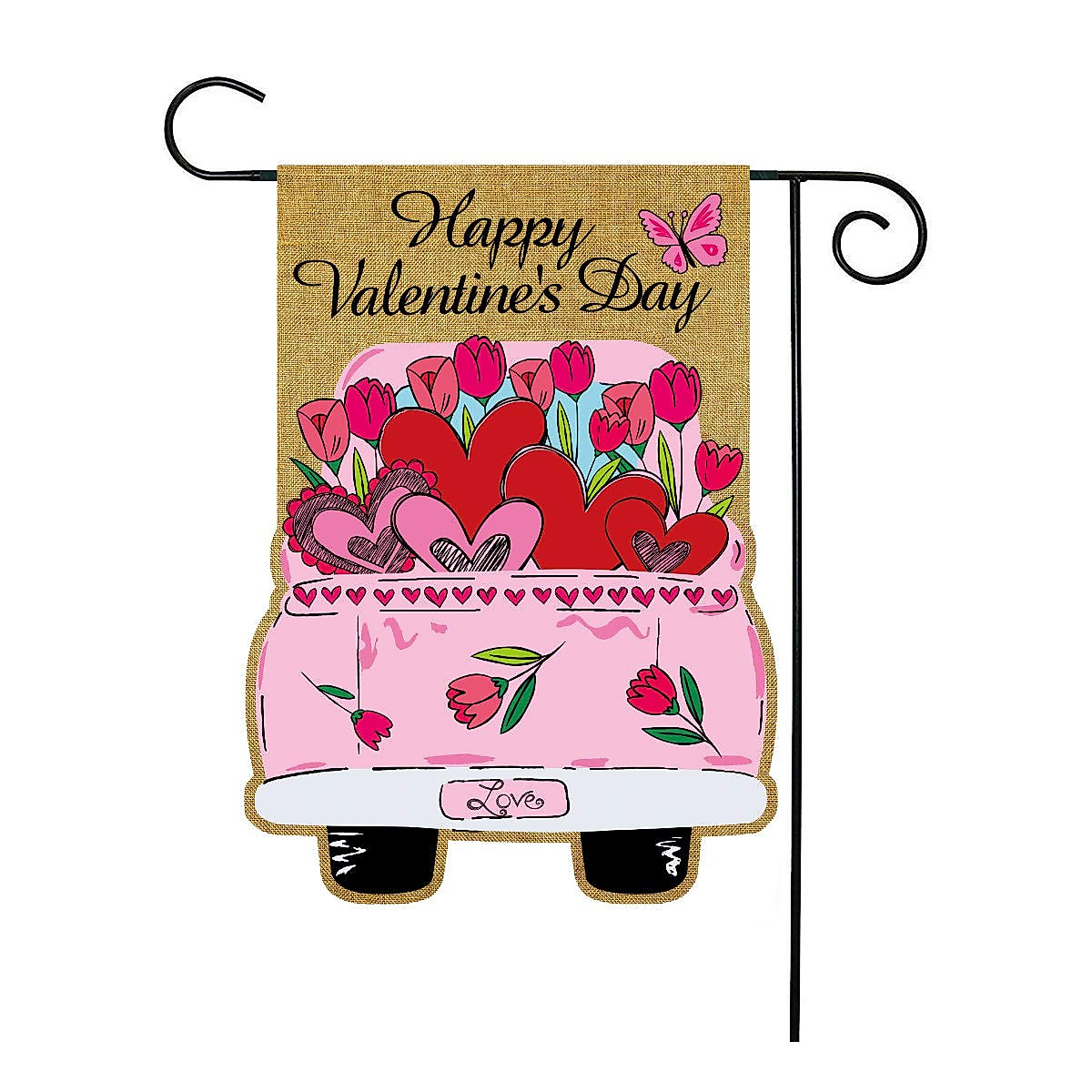 Texupday Happy Valentine's Day Double Sided Burlap Garden Flag Love Heart Floral Pink Truck Butterfly Decoration Outdoor Flag 12" x 18"