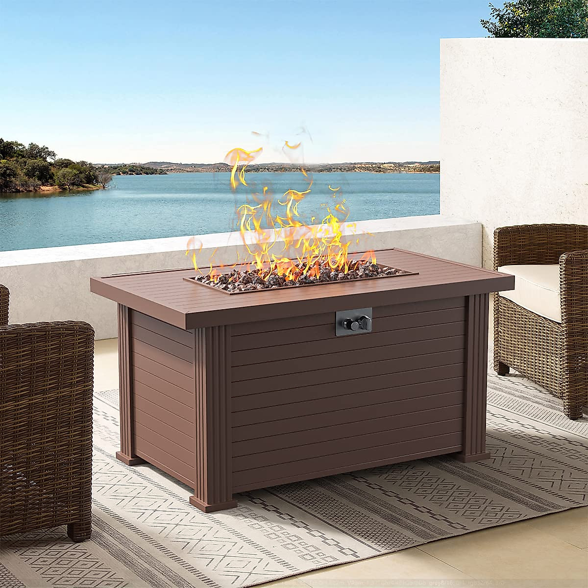 SINGLYFIRE 44 Inch Gas Fire Pit Table 50,000BTU Propane Fire Pit with Cover, Lid and 8.8lbs Lava Rock Fire Table for Patio, Deck, Garden, Backyard (Brown&Imitation Wood Grain)