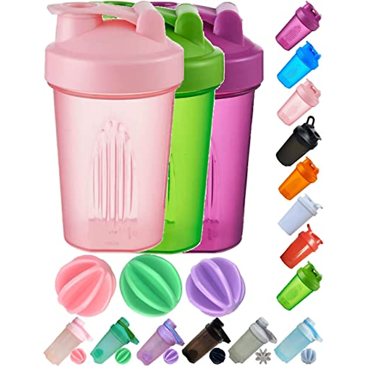 Shaker Bottle in Light Pink(Lid & Cup),Printed Scale Marks of 12 OZ & 400 ML,3 PCS 1.77" Non-Metal Blender Ball (Pink,Green,Purple),Anti-Leaking,BPA F