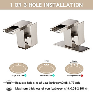 Skybathjoy LED Bathroom Sink Faucet Waterfall with Drian Assembly 1 Hole Brushed Nickel Single Hole Handle RV Bath Vanity Faucets for Sinks 1 Hole Water Supply Lines, Stainless Steel Spout
