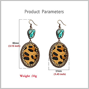 Vintage Leopard Print Dangle Earrings for Women AB Crystal Geometric Irregular Turquoise Stone Faux Leather Statement Drop Stud Earring Retro Birthday Party Jewelry Gifts (Gold)