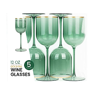 PLASTICPRO Green Wine Cup with Gold rim Plastic Wine Glasses Set of 10 Elegant Wine Goblets Hard Plastic Wine Cups on Stem 12 Ounce Christmas Cups