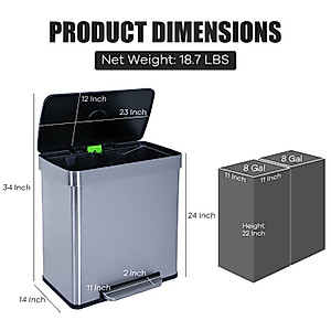 MGHH Trash Can,16 Gallon (2X30L) Dual Garbage Can with Mute Metal Waste Bin, Stainless Steel Double Compartment Classified Recycle Garbage Pedal Dustbin,Suit for Kitchen,Office,Bedroom