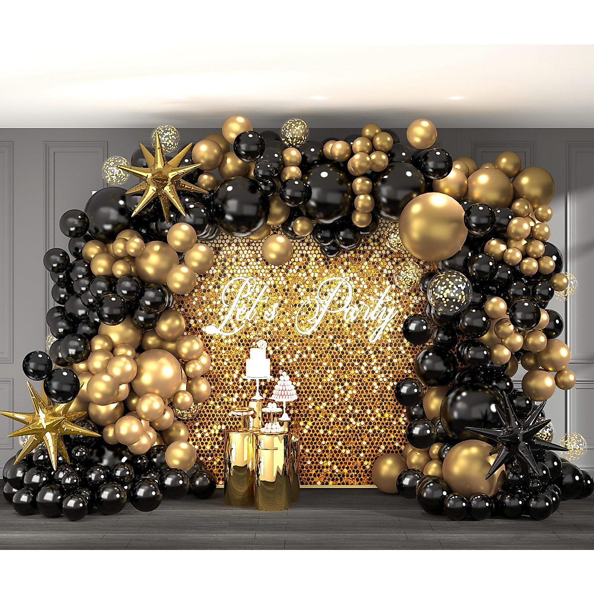 PARTYNOW 137Pcs Black and Gold Balloons Garland Arch Kit 5/10/12/18in Black Metallic Gold Confetti Latex Balloons with Explosion Star Balloons for Graduation Anniversary Birthday Party Decorations