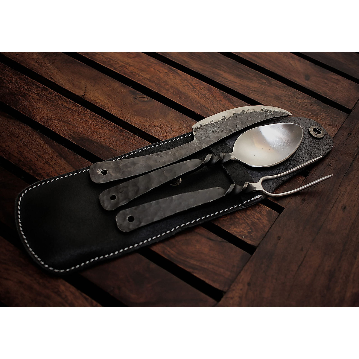 Handforged Medieval Cutlery Set - Stainless Steel Knife, Fork and Spoon Set - Includes Genuine Leather Utensil Pouch