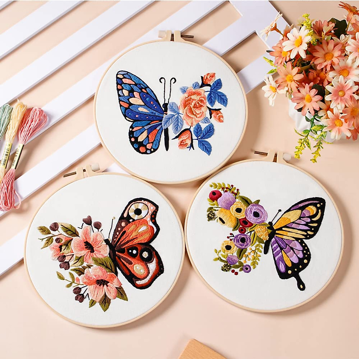 Anidaroel 3 Sets Butterfly Flower Pattern Embroidery Starter Kit for Beginners, Stamped Cross Stitch Kits for Beginners Adults Include Embroidery Fabric Embroidery Hoop Threads and Needles