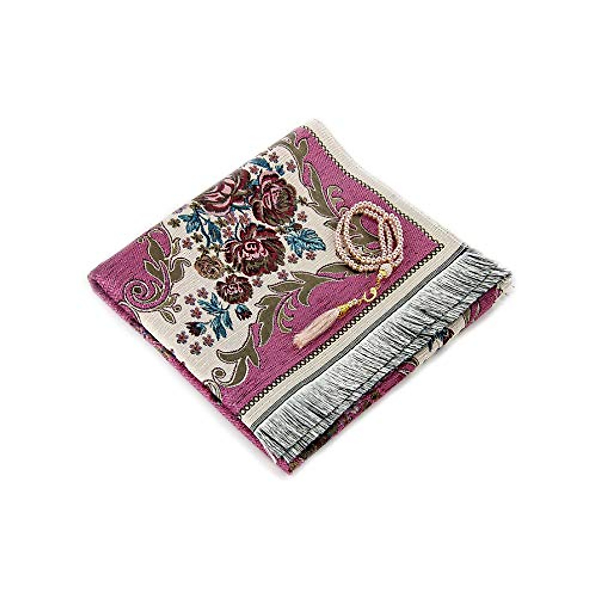 Muslim Prayer Rug with Prayer Beads | Janamaz | Sajadah | Soft Islamic Prayer Rug | Islamic Gifts | Prayer Carpet Mat, Chenille Fabric, Rose