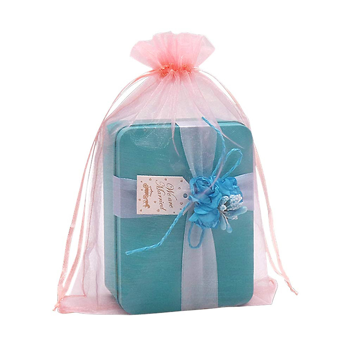 HRX Package 100pcs Blush Pink Organza Bags Large, 6 x 9 inch Drawstring Gift Pouches Mesh Party Favor Bags for Christmas Wedding Baby Shower