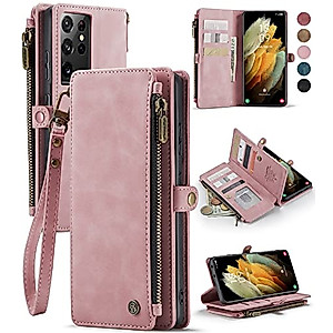 Defencase Galaxy S21 Ultra Wallet Case, PU Leather Magnetic Flip with Lanyard, Zipper Card Holder, Rose Pink