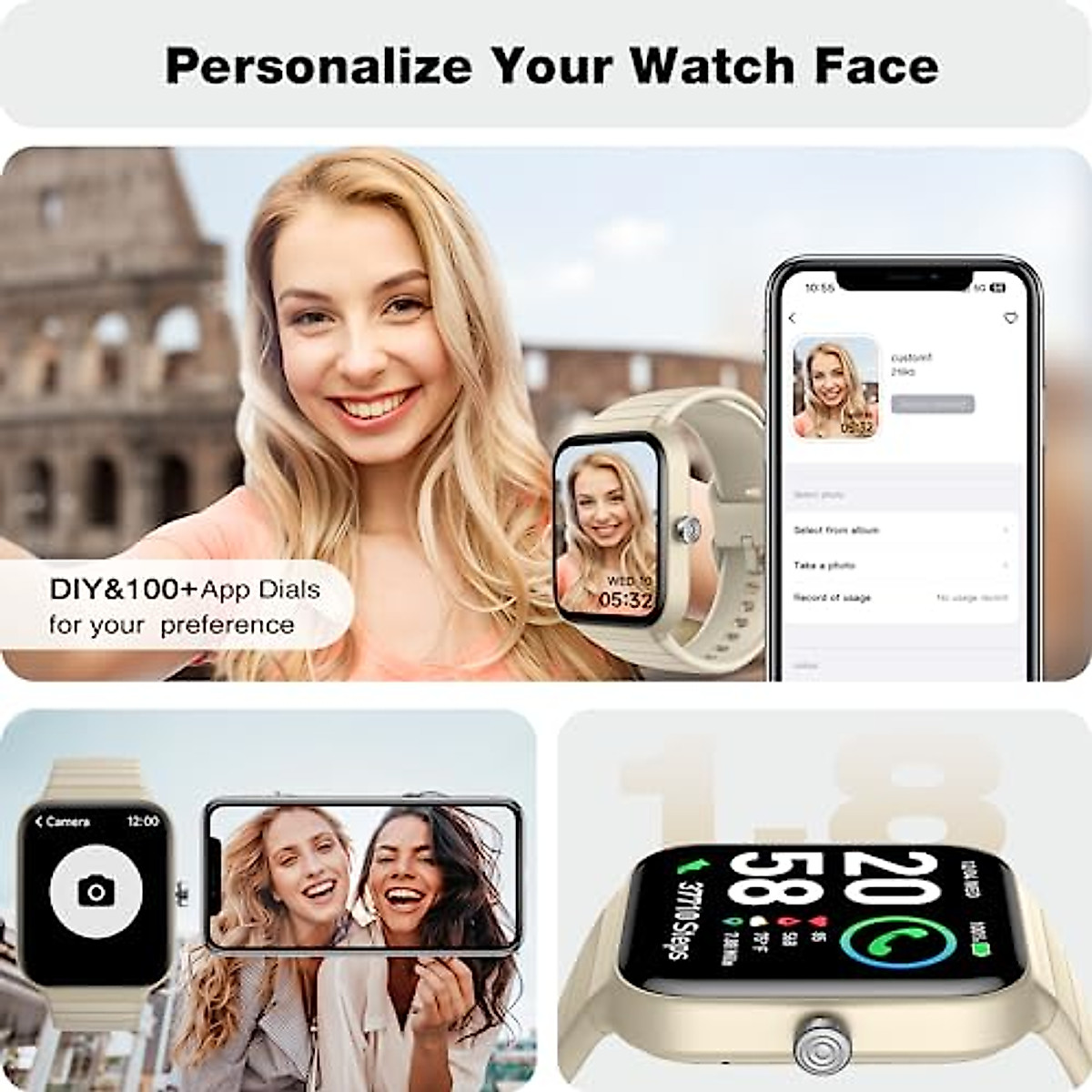 Fitpolo Smart Watch for Men Women Android iPhone Compatible, 1.8" Fitness Watches Make/Receive Call Alexa Built-in 100+ Workouts IP68 Waterproof SpO2 Heart Rate Monitor Activity Trackers