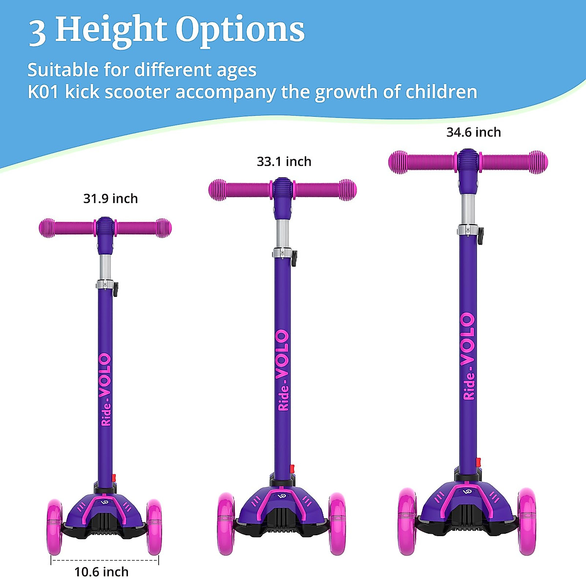 RideVOLO Kids' Kick Scooter for Ages 3-8, 3 Adjustable Heights, Flashing Wheels, 6" Wide Anti-Slip Deck and High Stability, Max Load 110lbs, Easy Assembly, Outdoor Activities, Gift for Boy/Girl Purple