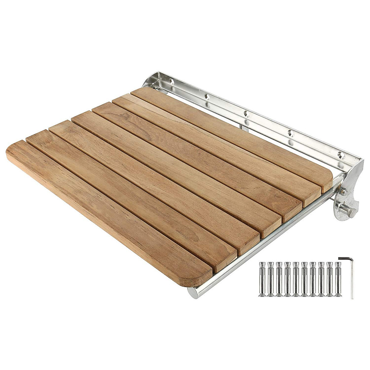 Amarine-made Teak Folding Shower Seat - Wall Mounted - Solid Wood Fold Down Spa Bench (21-5/8"x15"x1.7")