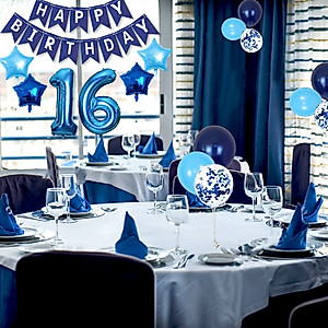 16 Birthday Decorations, Blue 16th Birthday Decorations Girls Boys Party Supplies, Happy 16th Birthday Balloons with Foil Fringe Curtains for Woman Men Birthday Party (16th)