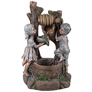 Boy and Girl Outdoor Water Fountain - Cascading Waterfall with Soothing Sounds and 4 LED Lights for Garden or Patio by Pure Garden (Antique Bronze)