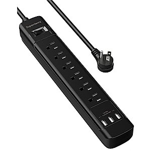SUPERDANNY Surge Protector Power Strip with USB, ETL Listed, 2100J Flat Plug Extension Cord 5ft 15A 1875W, 6 Outlets 3 USB Ports, Wall Mount, Safety Covers, Black, 2022 Version