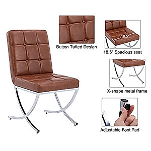 CIMOTA Modern Tufted Dining Chairs Set of 2 Upholstered Leather Dining Room Chairs Kitchen Chairs Comfy Armless Side Chairs with Chrome Metal X Legs for Dining Room/Living Room, PU Brown/2PCS