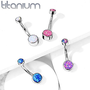 Titanium Iternally Threaded Top Doube Round Opal Bezel Set Belly Button Rings (14GA, L: 3/8" (10mm), Ball: 4 & 6mm, Opal Blue)