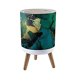 Trash Can with Lid Luxury Abstract Fluid Art Painting Alcohol Ink Technique Green and Press Cover Small Garbage Bin Round with Wooden Legs Waste Basket for Bathroom Kitchen Bedroom 7L/1.8 Gallon