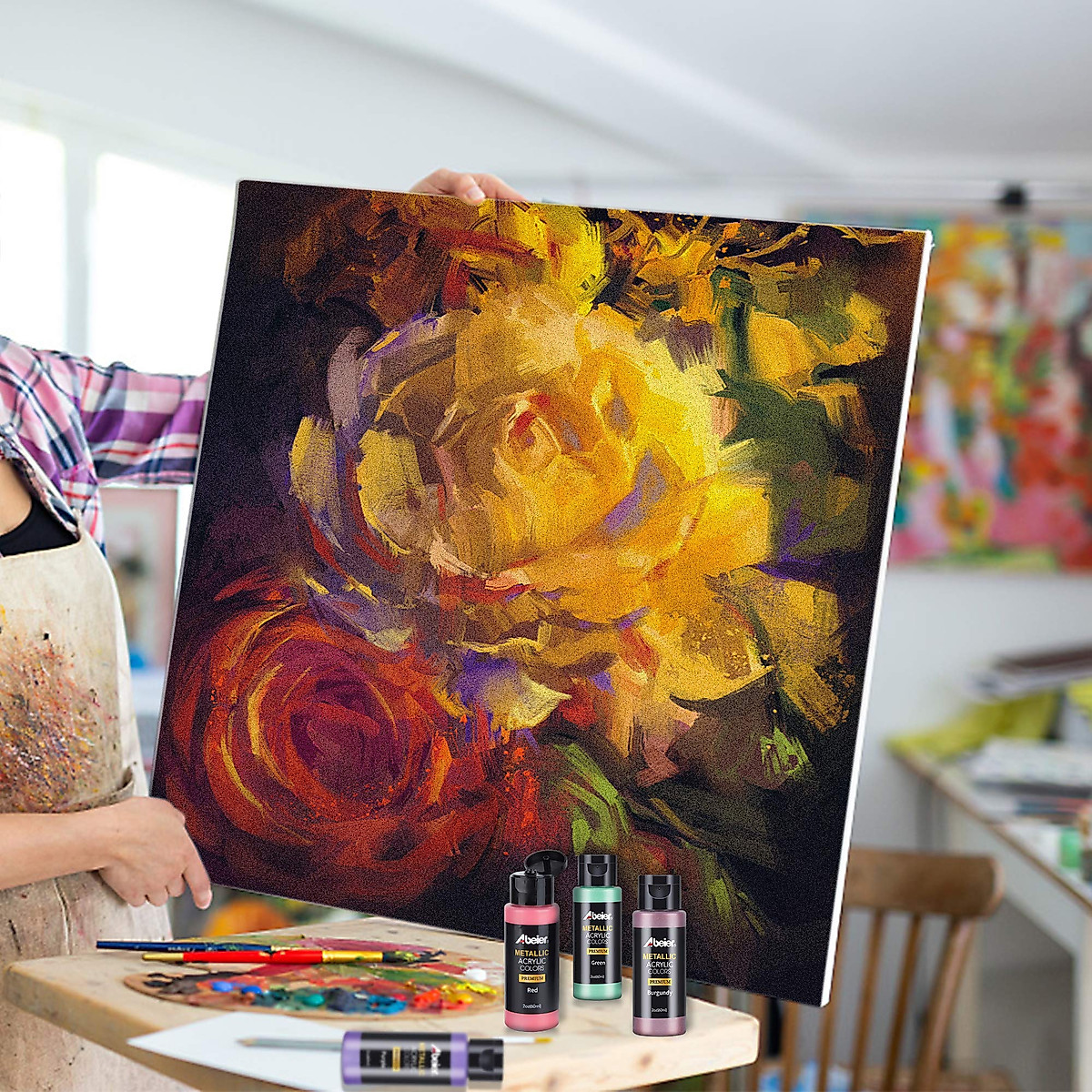 Metallic Acrylic Paint, Abeier Set of 24 Metallic Colors in 2oz/60ml Bottle, Rich Pigments, Non Fading, Non Toxic Paints for Artist, Beginners & Kids Painting on Rocks Crafts Canvas Wood, Fabric&Stone